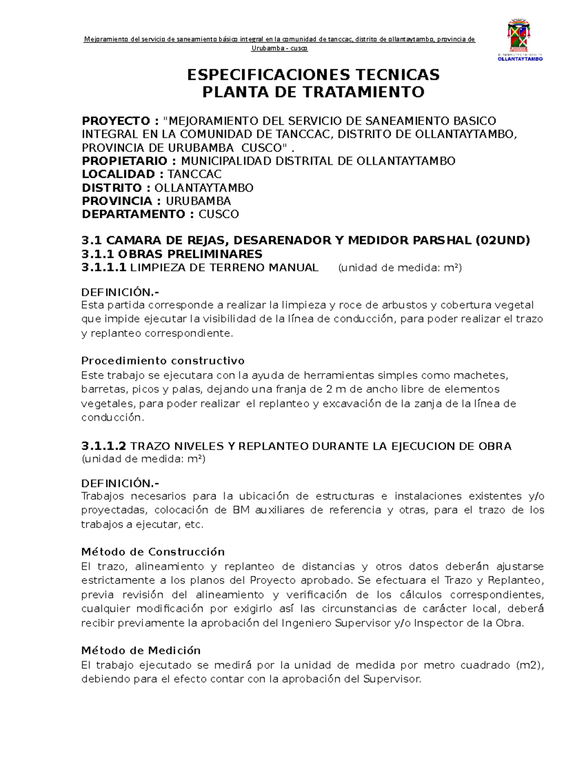 3.0 especificaciones ptar - Urubamba - cusco ESPECIFICACIONES TECNICAS PLANTA DE TRATAMIENTO ...
