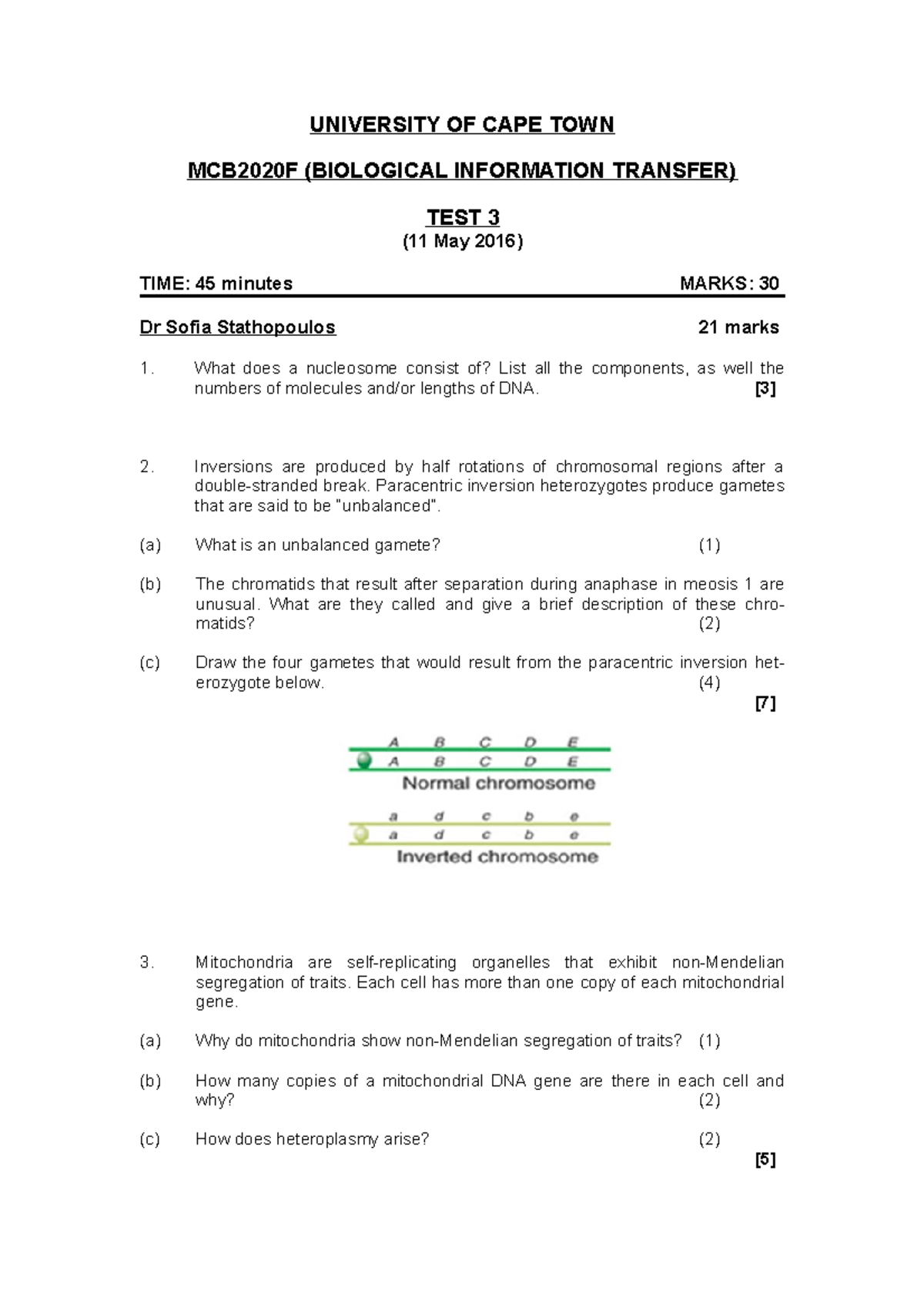 Test 3 2016 - UNIVERSITY OF CAPE TOWN MCB2020F (BIOLOGICAL INFORMATION ...