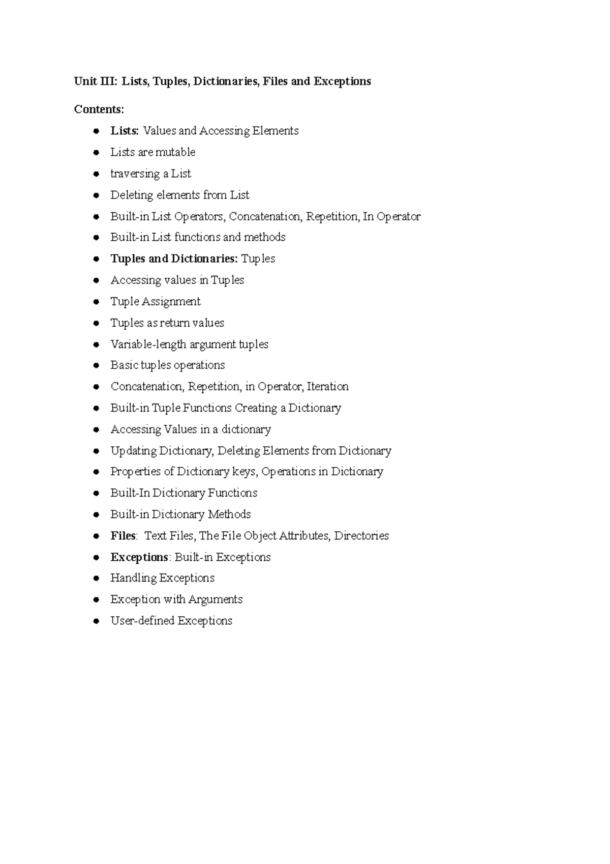 Unit-3 - Copy - Unit III: Lists, Tuples, Dictionaries, Files and ...