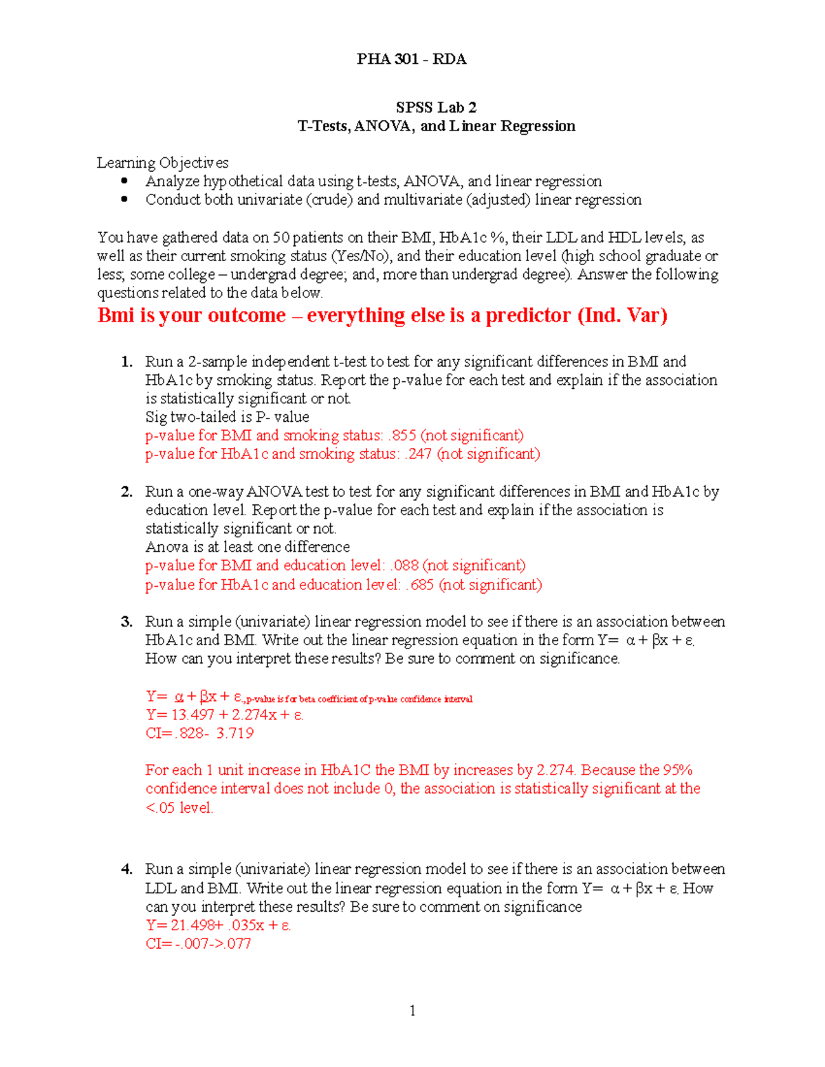 RDA Lab Assignment - qerwearwdrwar - PHA 301 - RDA SPSS Lab 2 T-Tests ...