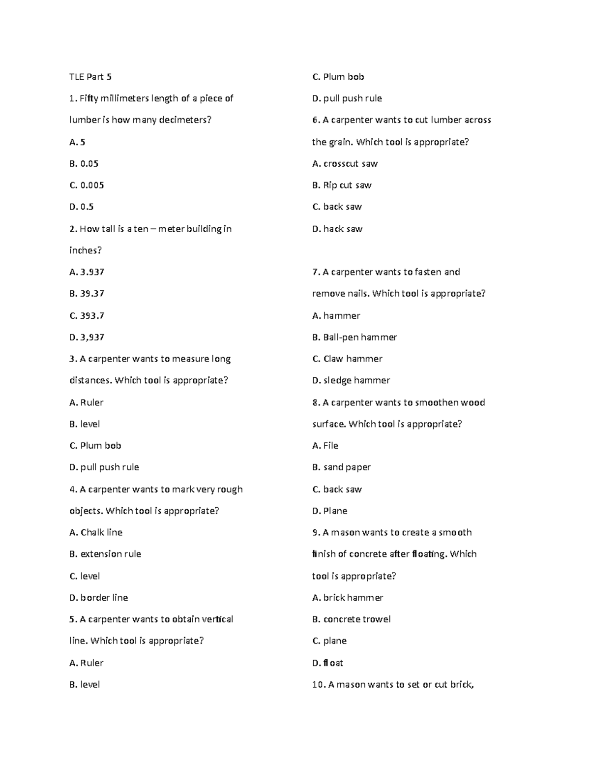 TLE ACTIVITY Part 5 - TLE Part 5 Fifty millimeters length of a piece of ...