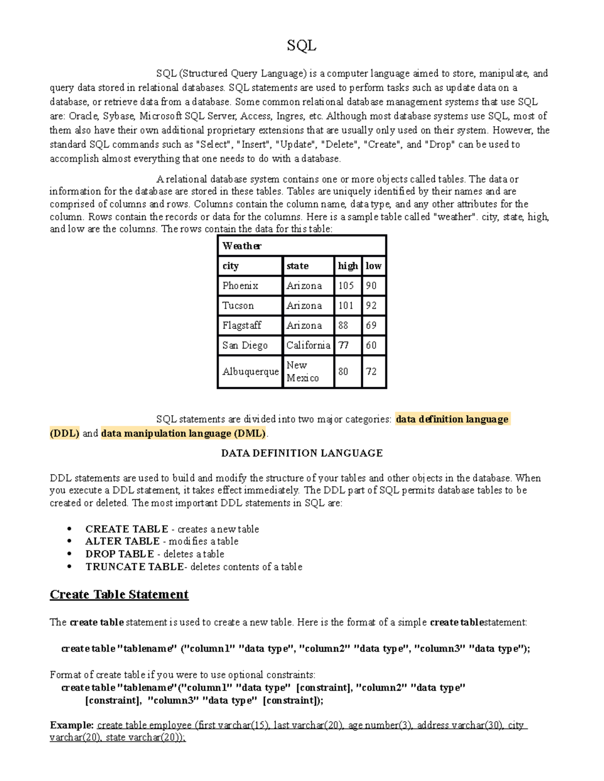 SQL Notes - Nd nnechu oddu - SQL SQL (Structured Query Language) is a ...