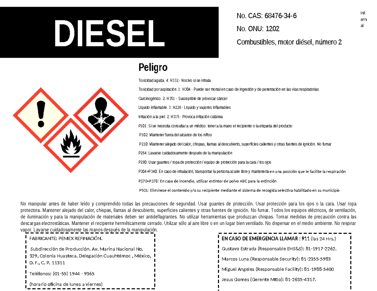 389476126 Etiqueta Para Diesel - Int ern al DIESEL No. CAS: 68476-34 ...