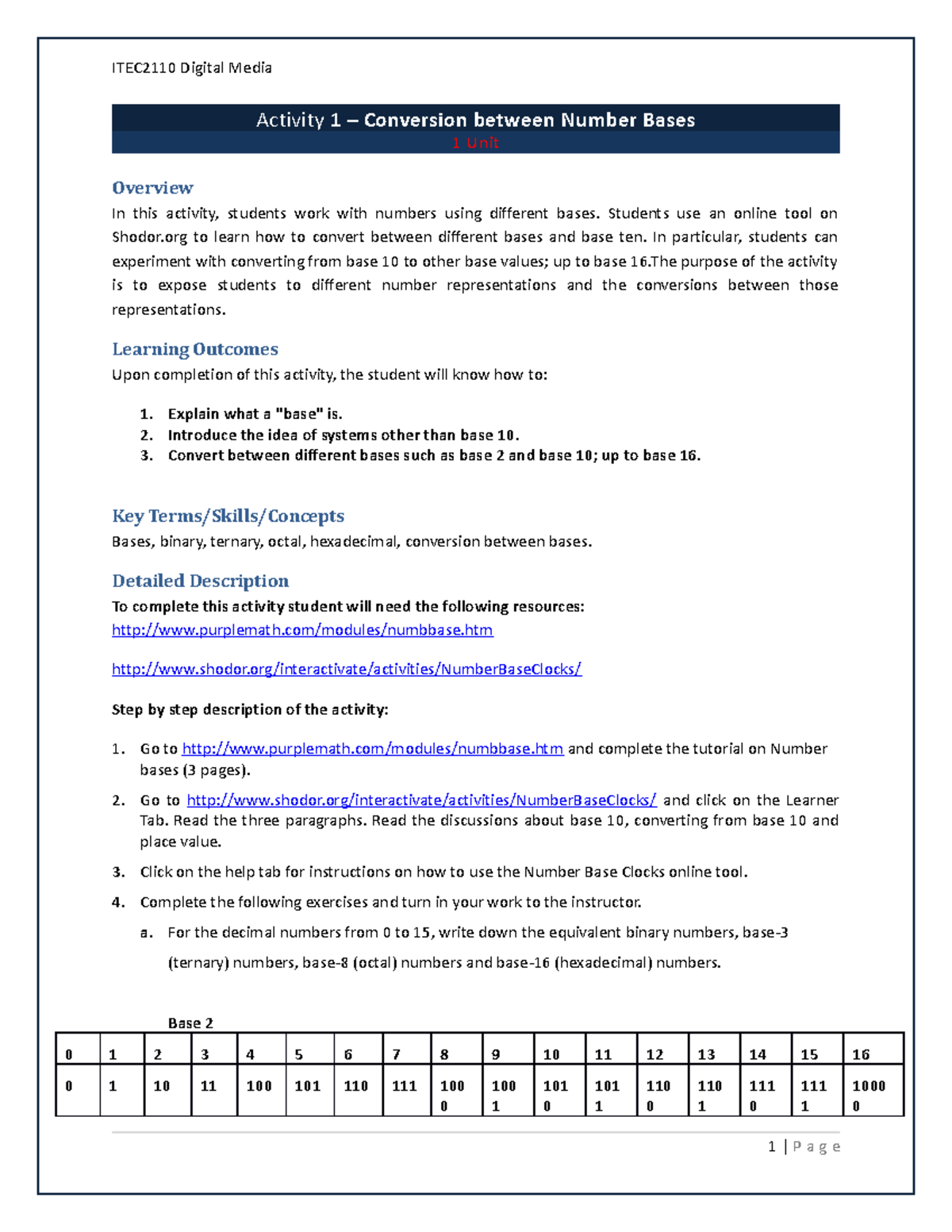 Ch1 Unit Activity 1 - worksheet - Activity 1 – Conversion between ...