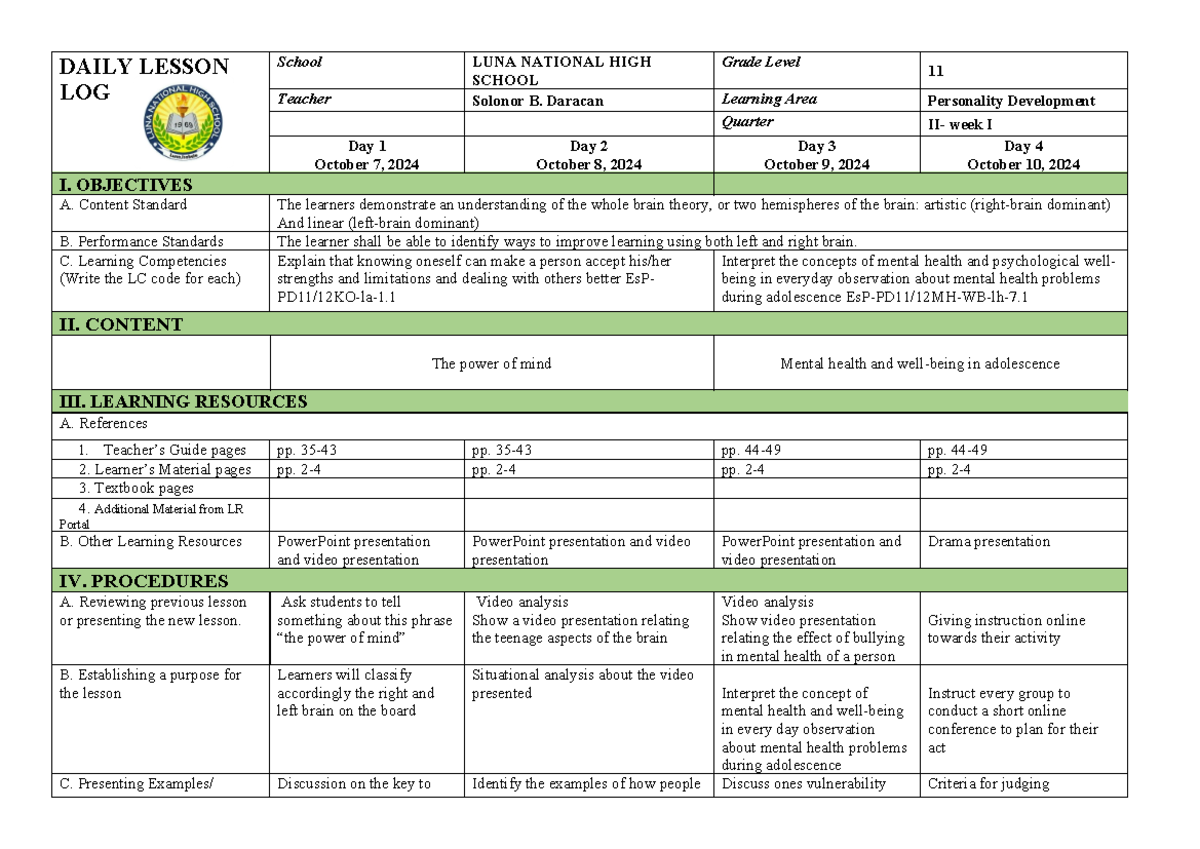 The power of minds-mental health and well being - DAILY LESSON LOG ...