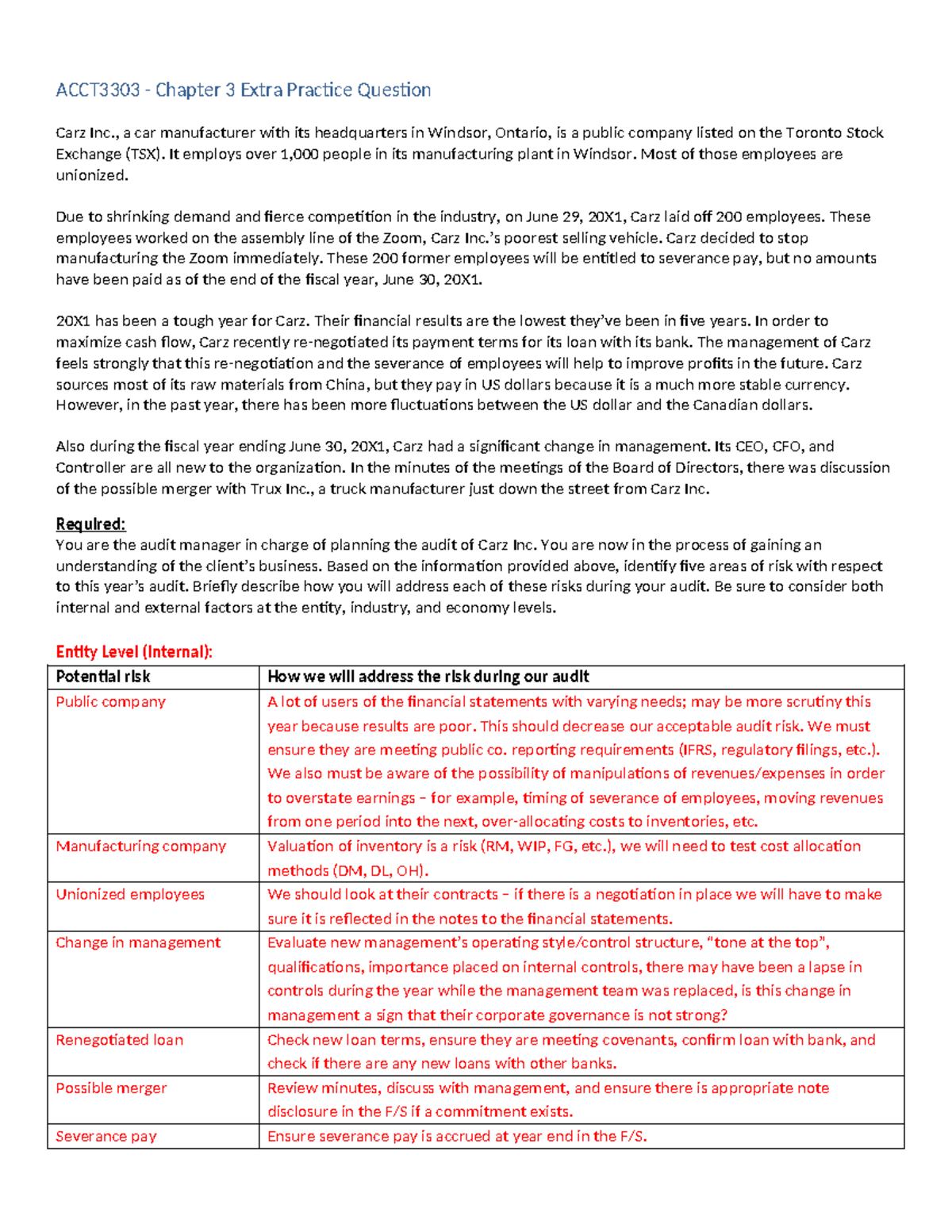 ACCT3303 - Ch 3 Extra Practice Question (Risk) - KEY - ACCT3303 - Chapter 3 Extra Practice ...