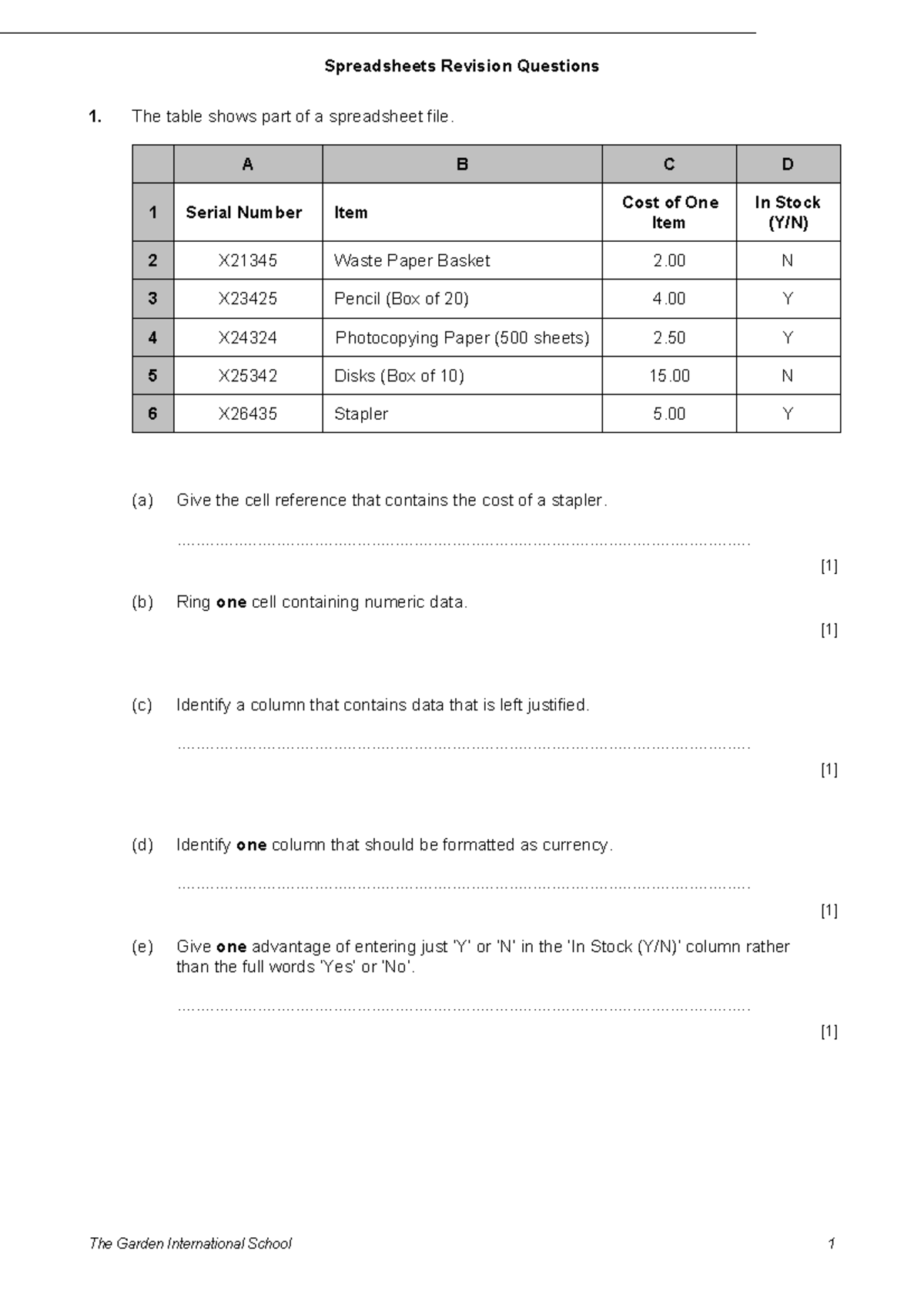 Spreadsheets Revision QuestionsICT SPEREADSHEET - 1. The table shows part of a spreadsheet file ...