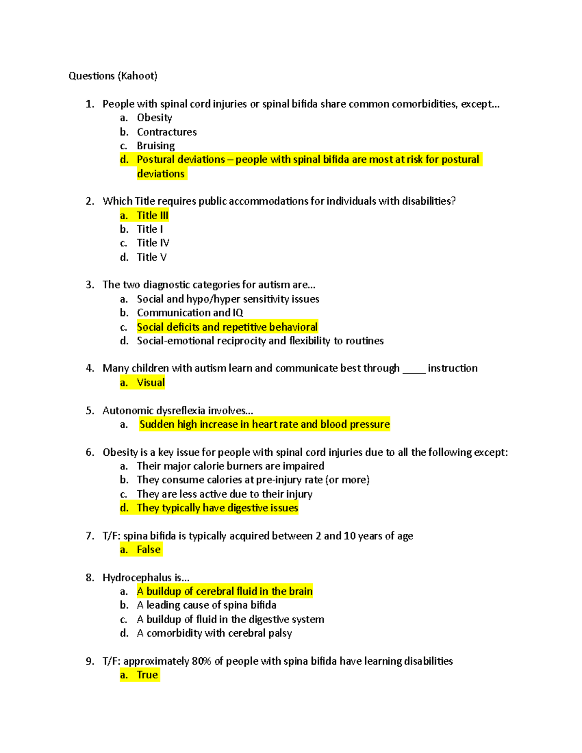 Questions (BHAN334) - Questions (Kahoot) People with spinal cord ...