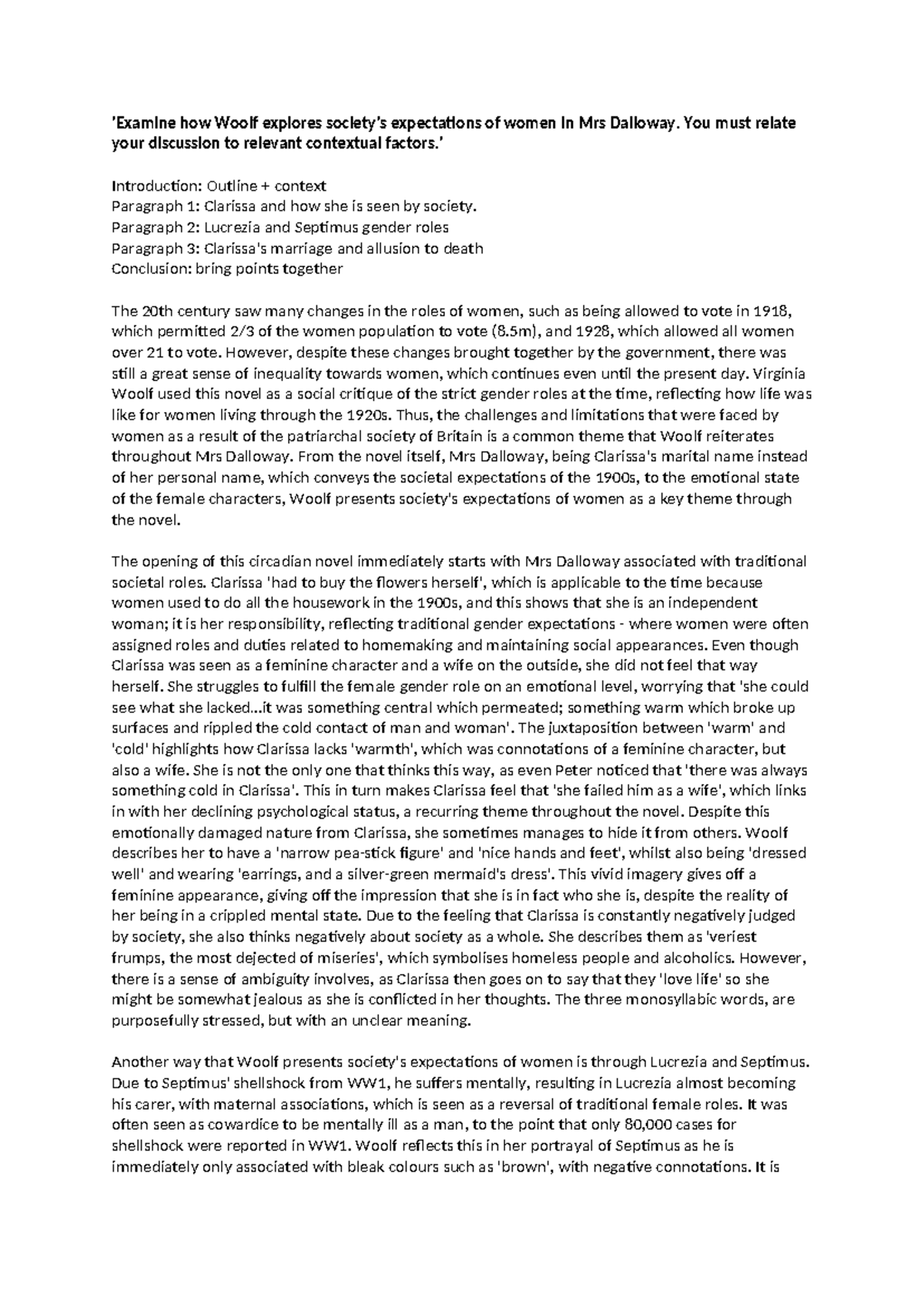 Mrs Dalloway Essay 1 - 'Examine how Woolf explores society's ...