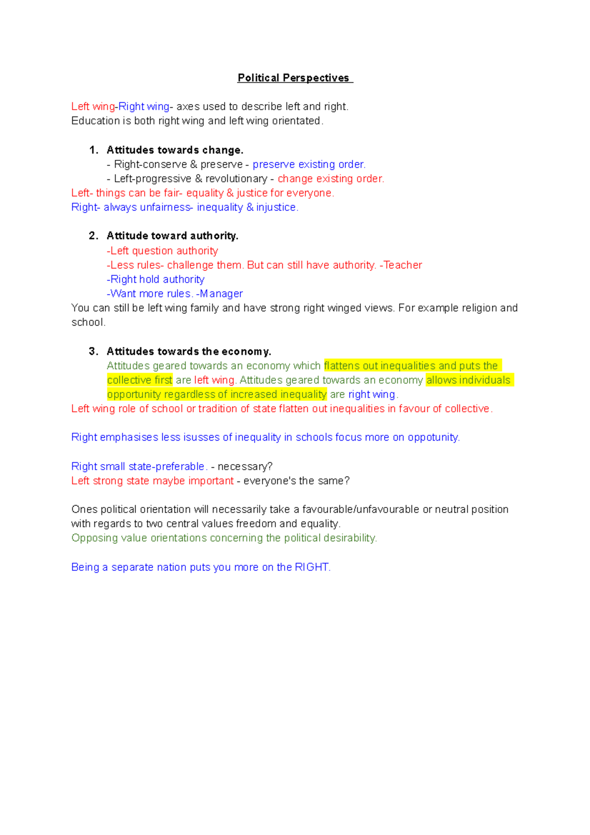 Political - Lecture notes - Political Perspectives Left wing-Right wing ...