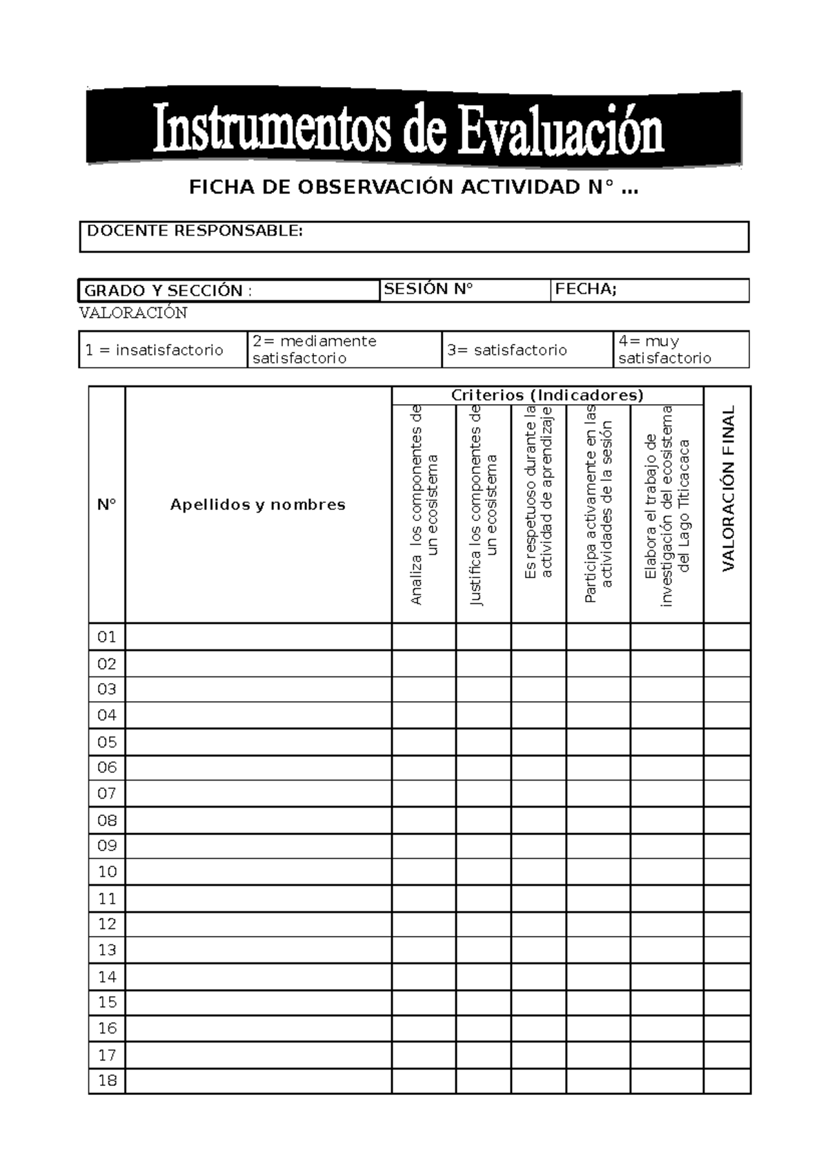 Instrumentos DE Evaluacion - FICHA DE OBSERVACIÓN ACTIVIDAD N° ... DOCENTE RESPONSABLE: GRADO Y ...