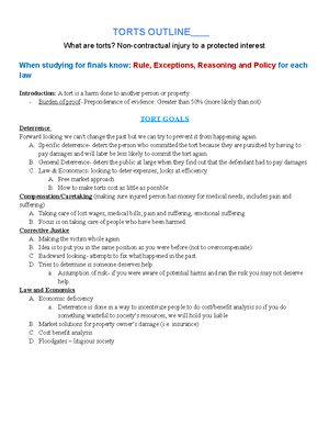 Torts Outline - Torts Outline Historical/Contemporary Reason for tort o ...