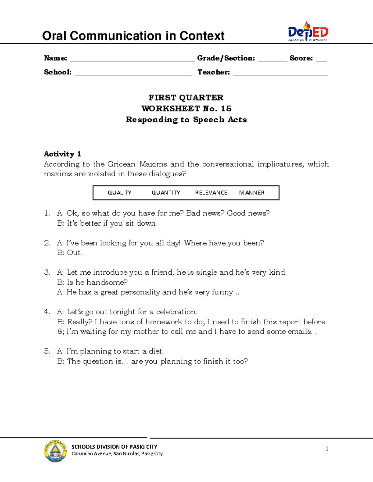 Oral Communication Q1 - DW15 - 1 Oral Communication in Context SCHOOLS ...