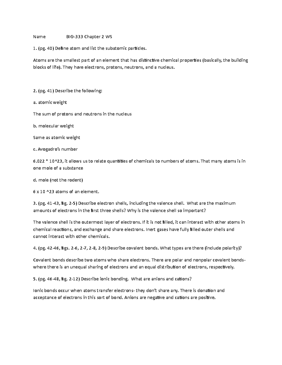 Bio333 CH2 Guide - Name BIO-333 Chapter 2 WS (pg. 40) Deine atom and ...
