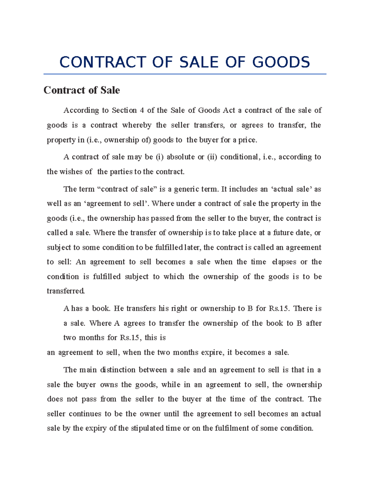 Contract OF SALE OF Goods - CONTRACT OF SALE OF GOODS Contract of Sale ...