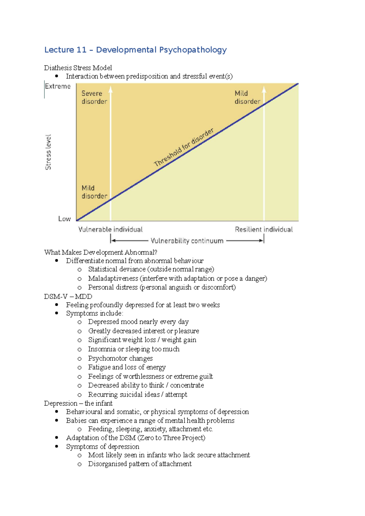 PSY286 Lecture 11 - Lecture 11 – Developmental Psychopathology Diathesis Stress Model ...