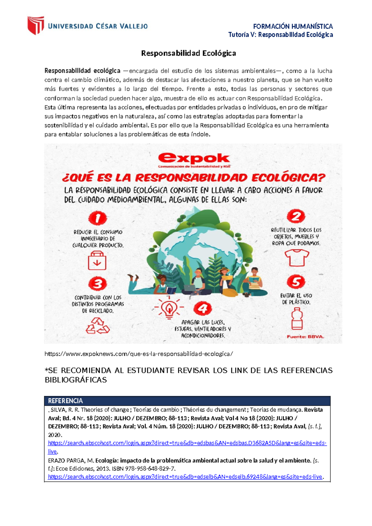 Responsabilidad Ecológica - FORMACIÓN HUMANÍSTICA Tutoría V: Responsabilidad Ecológica - Studocu