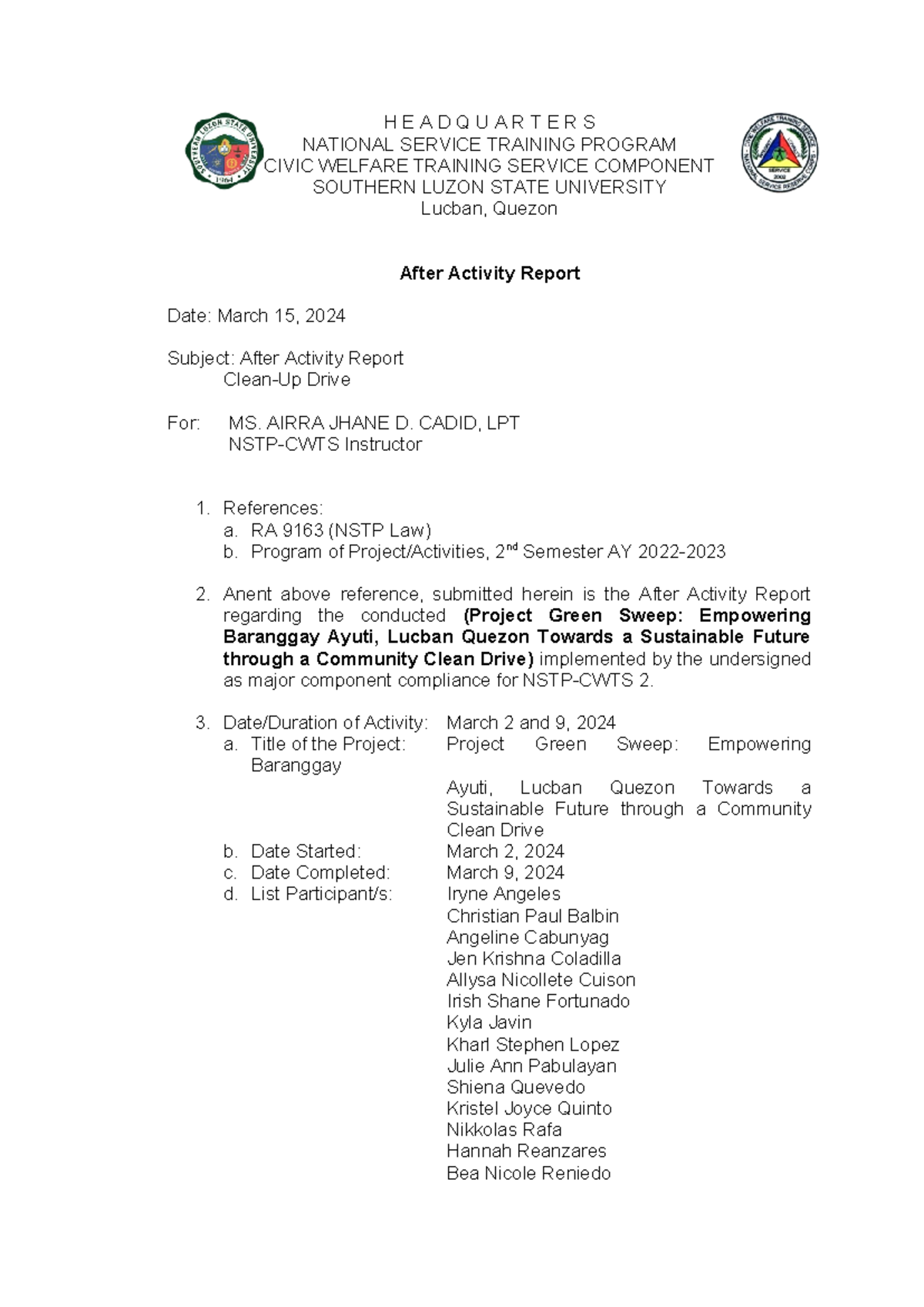 Clean up drive after activity report - H E A D Q U A R T E R S NATIONAL ...