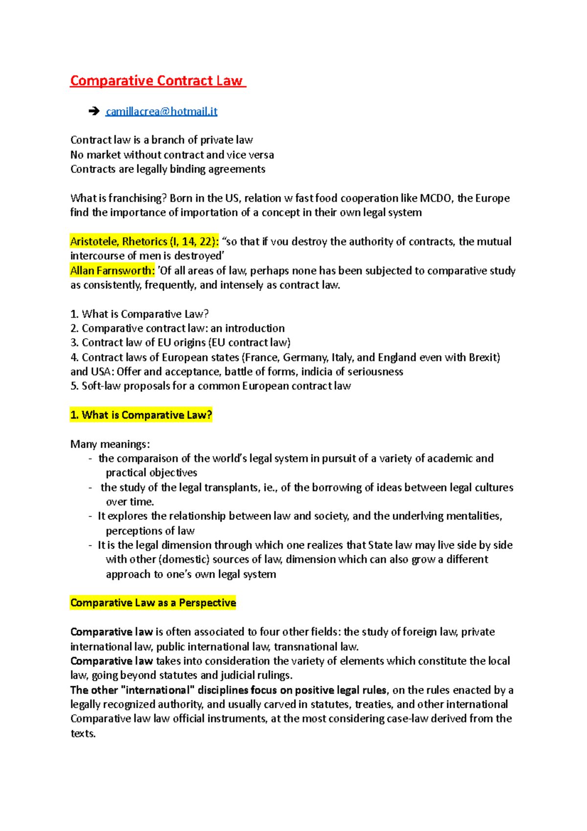 Intro comparative law - Comparative Contract Law camillacrea@hotmail Contract law is a branch of ...