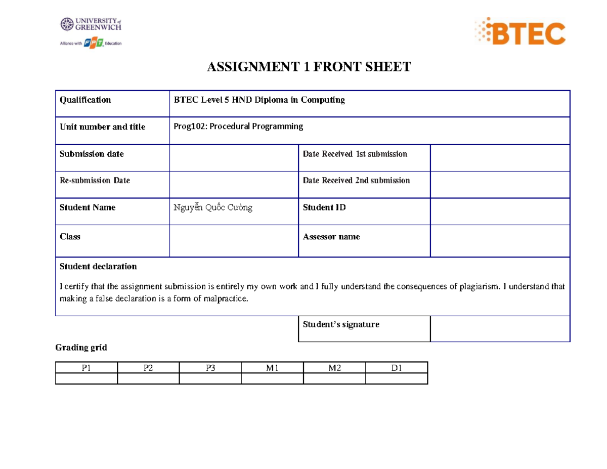 A1 - 22SU01-PROG102-GCS1005B - Nguyễn Quốc Cường - ID GCS210455 - ASSIGNMENT 1 FRONT SHEET - Studocu