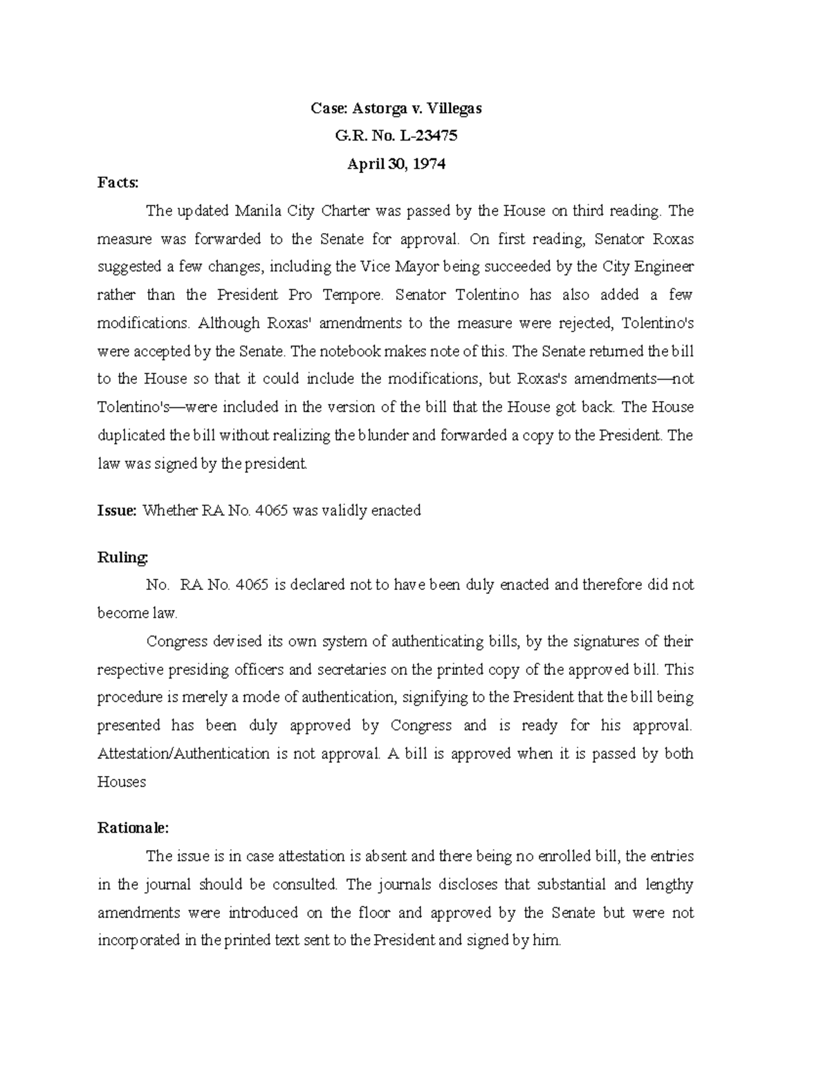 Stat Con 2 - Lecture Notes - Case: Astorga v. Villegas G. No. L- April ...