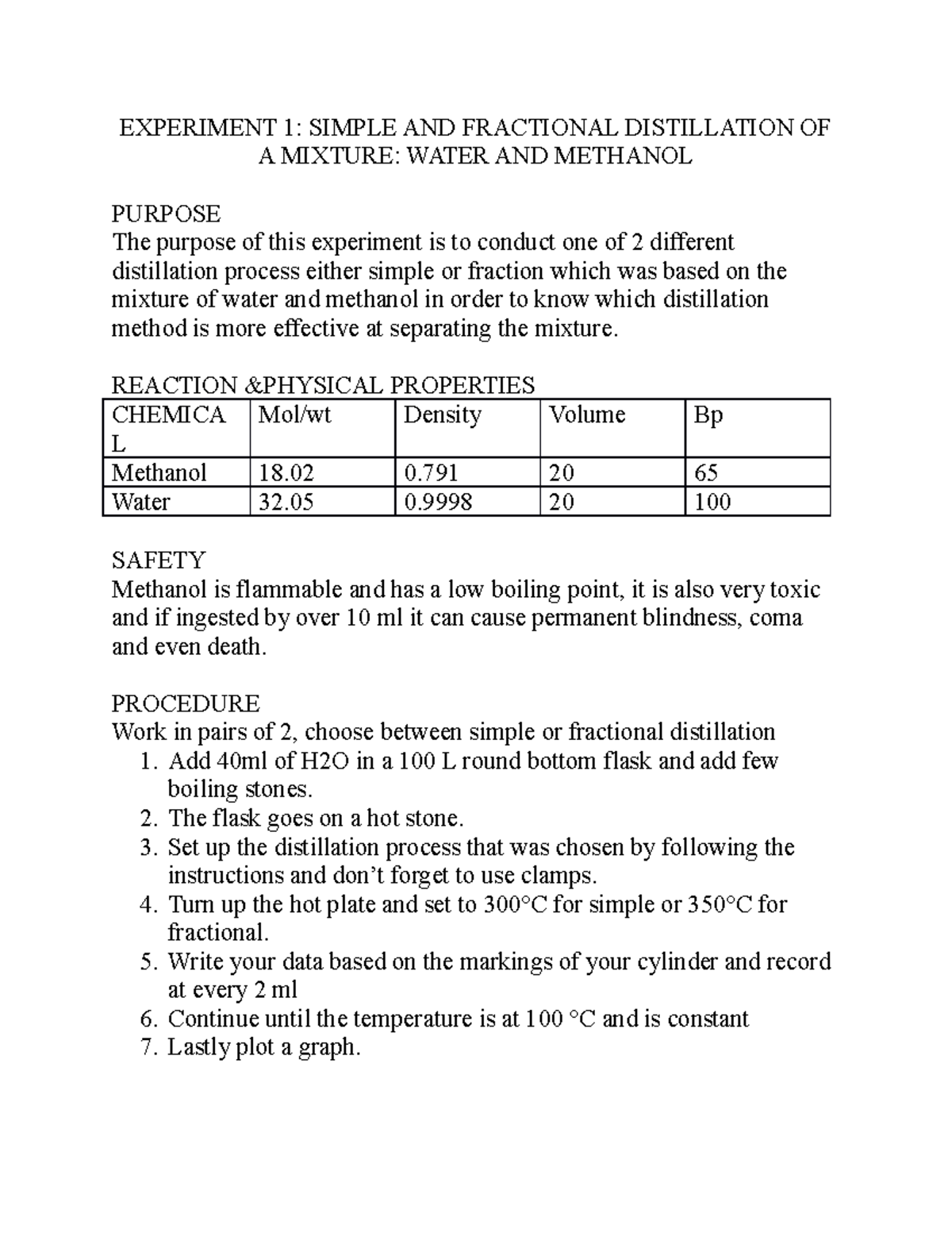 Experiment 1 O chem 1 - Lab report - EXPERIMENT 1: SIMPLE AND ...