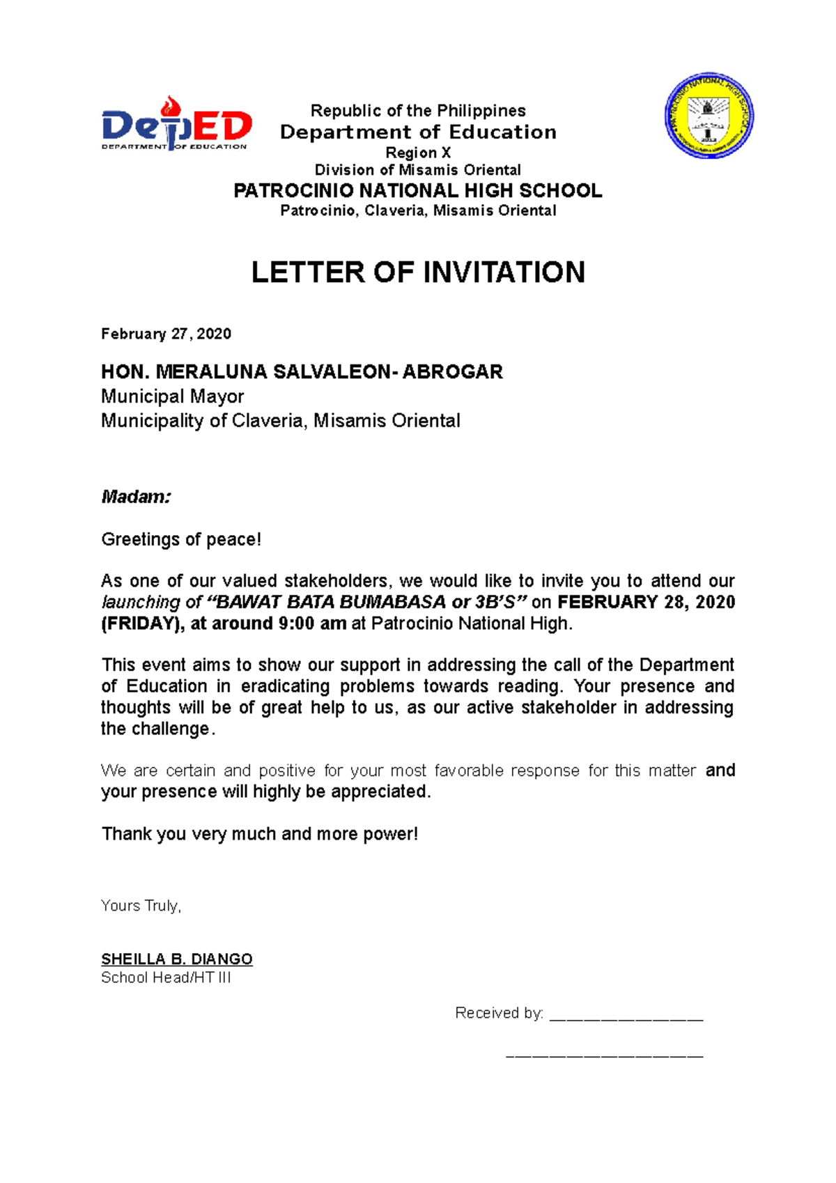 Letter of invitation - Department of Education Region X Division of ...