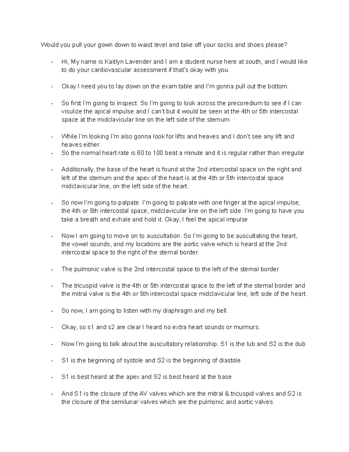 Cardiac Assessment - Script for check-offs - Would you pull your gown ...