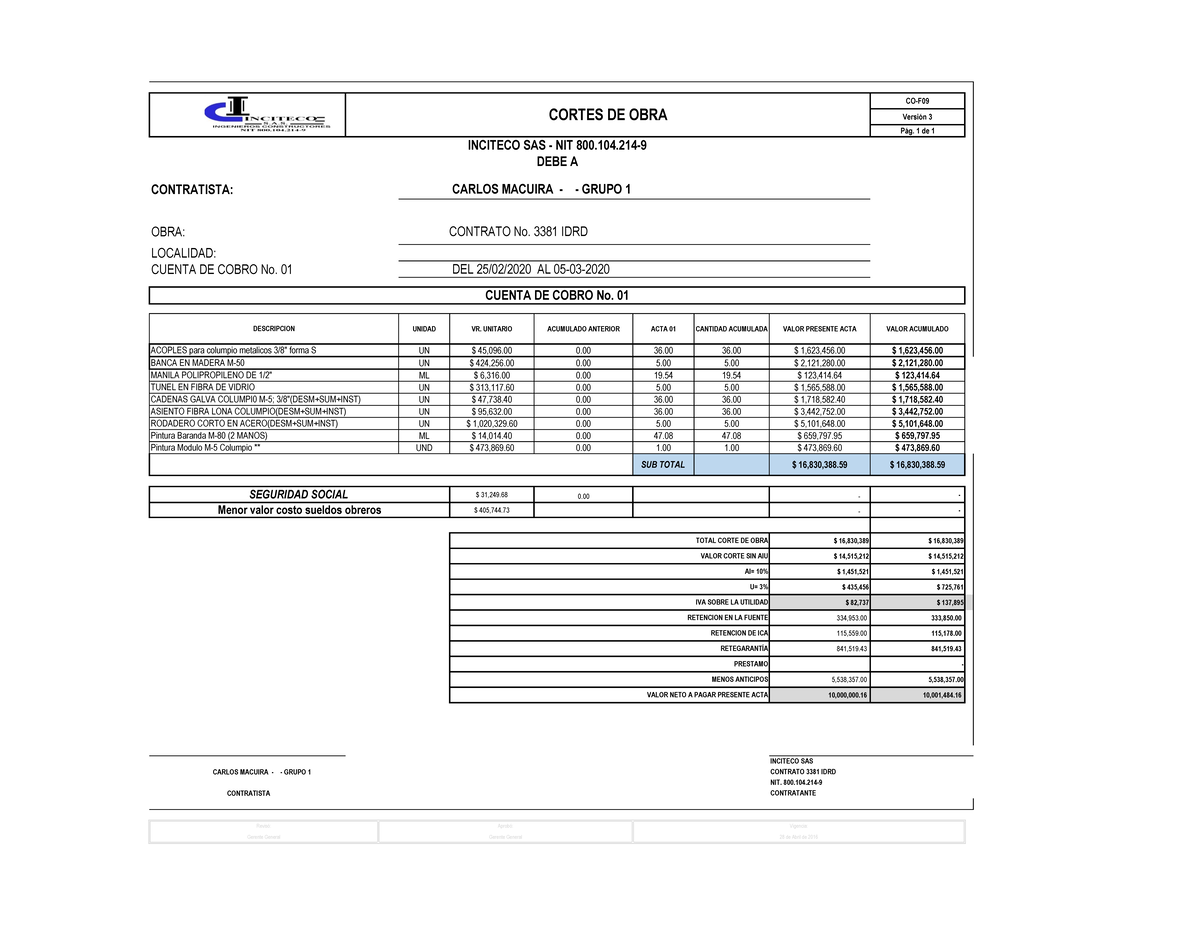 Cortes DE OBRA 3381- Carlos Macuira Grupo 1 - CO-F Versión 3 Pág. 1 de ...