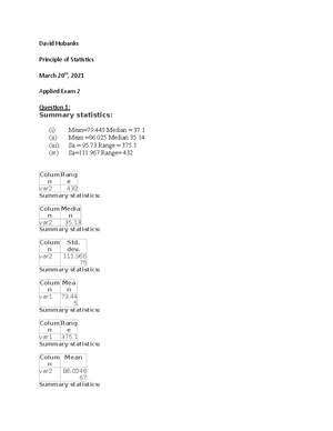Exam 1- Applied (Stats) - Principle of Statistics David Janson Hubanks ...