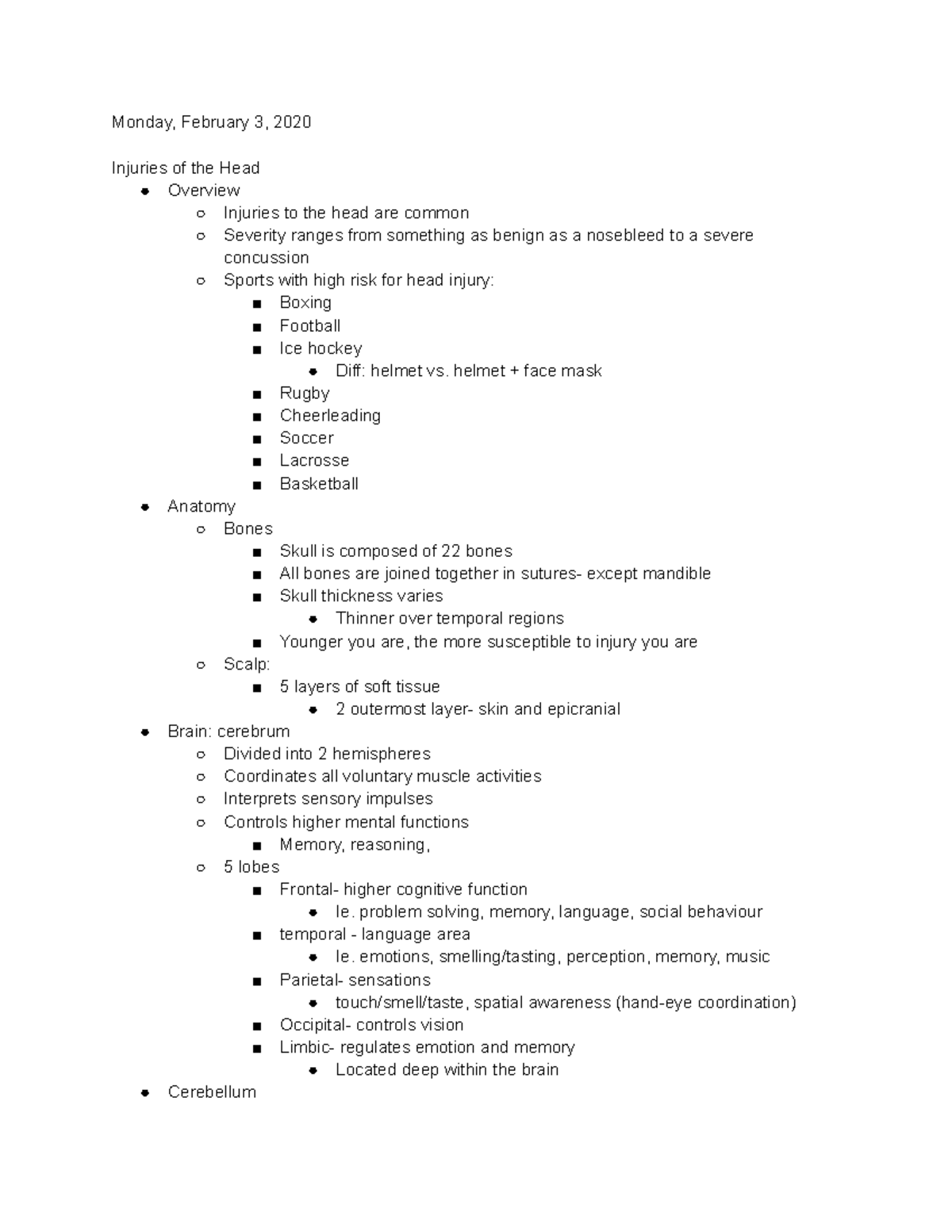 Class Notes Head Injuries - Monday, February 3, 2020 Injuries of the ...
