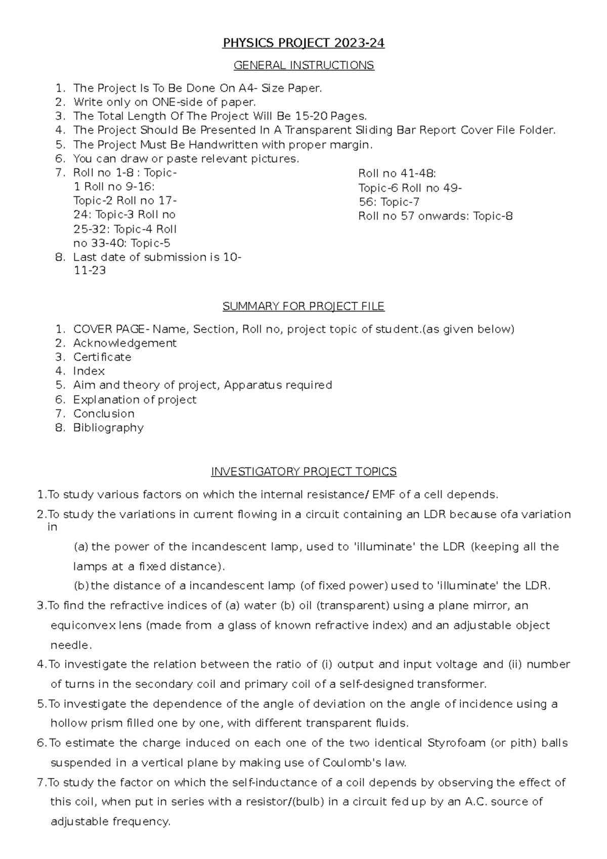 English Project 2024 - PHYSICS PROJECT 2023- GENERAL INSTRUCTIONS The ...