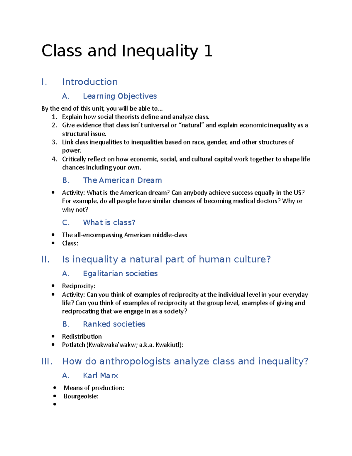 18-Class and Inequality 1 - Class and Inequality 1 I. Introduction A ...