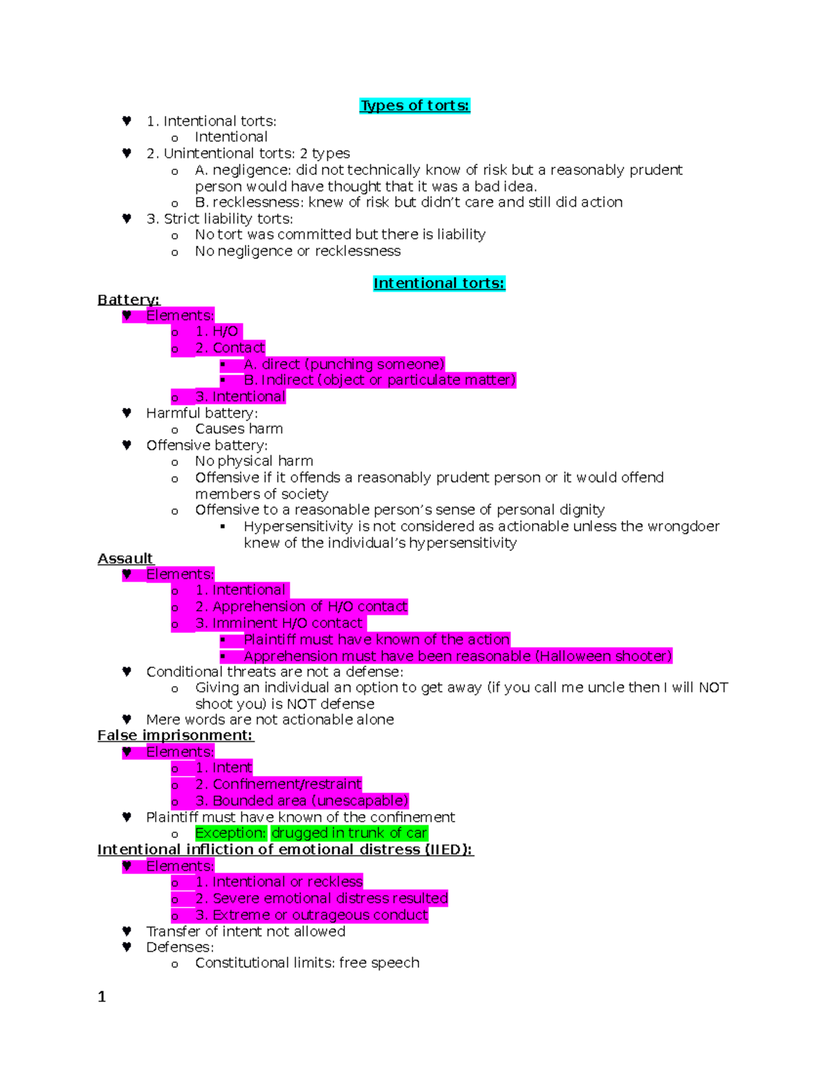 fall 2019 tort outline law school - Types of torts: 1. Intentional ...