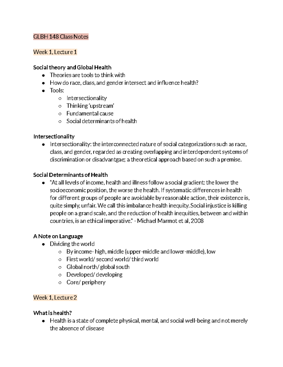 GLBH 148 Class Notes - GLBH 148 Class Notes Week 1, Lecture 1 Social ...