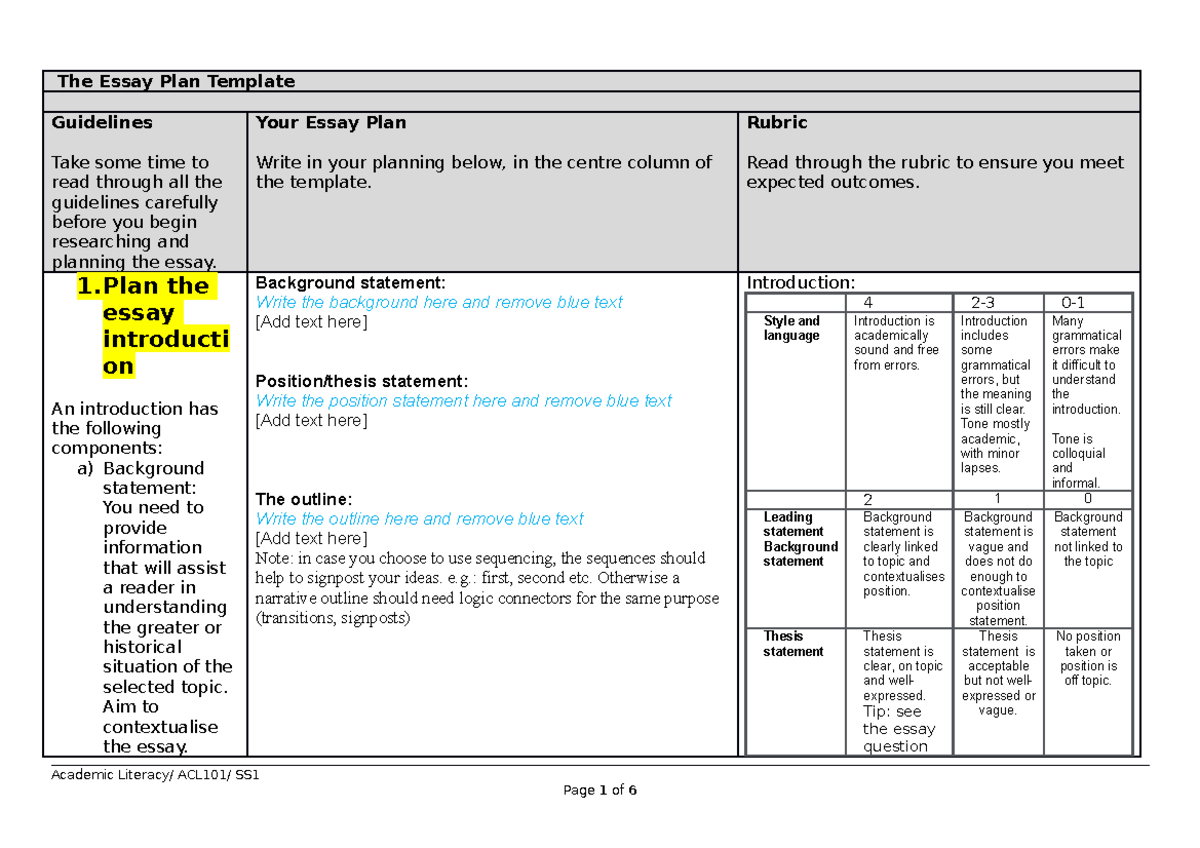 Essay Planning - The Essay Plan Template Guidelines Take some time to ...