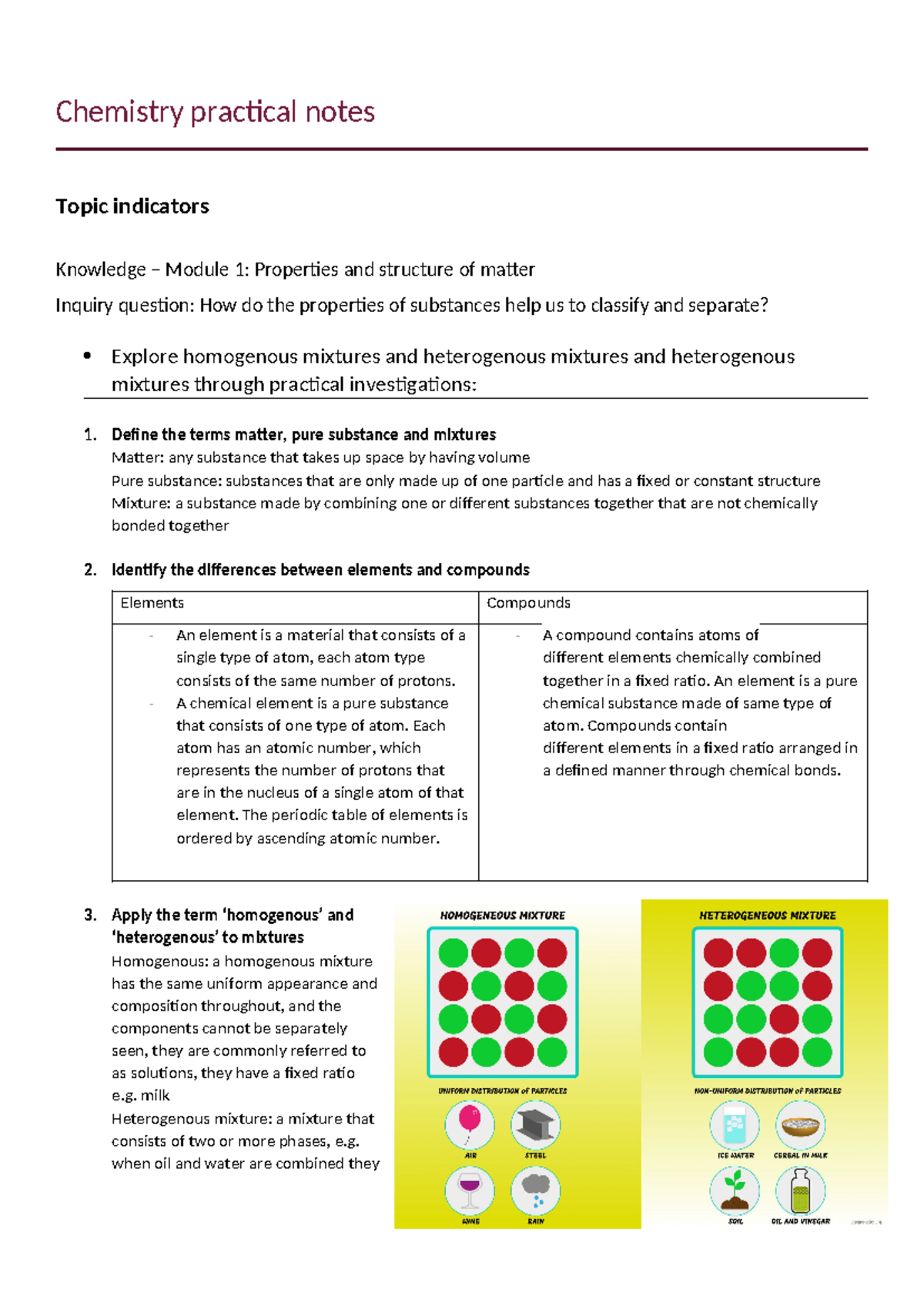 Chem prac notes - Chemistry practical notes Topic indicators Knowledge ...