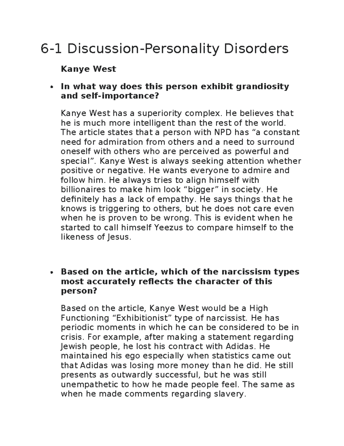 6-1 Discussion-Personality Disorders - He believes that he is much more ...