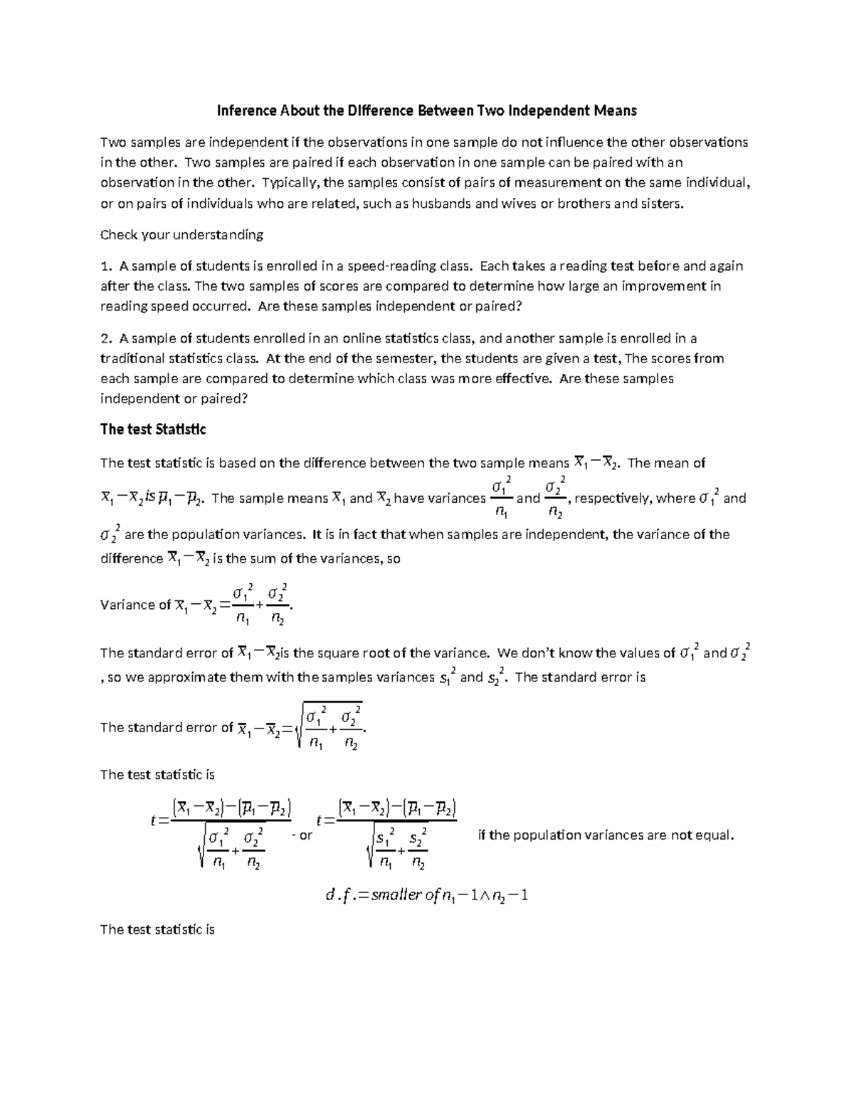 Activity 3 - Inference About the Difference Between Two Independent ...