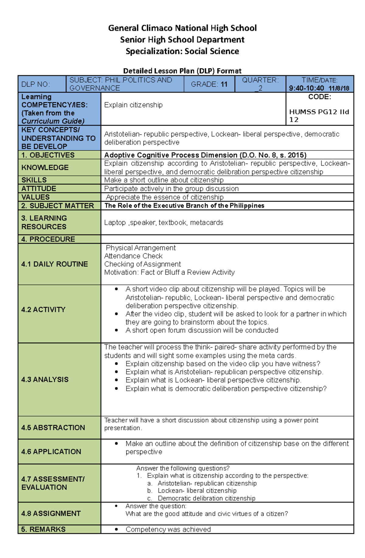 Citizenship - A sample lesson plan - General Climaco National High ...