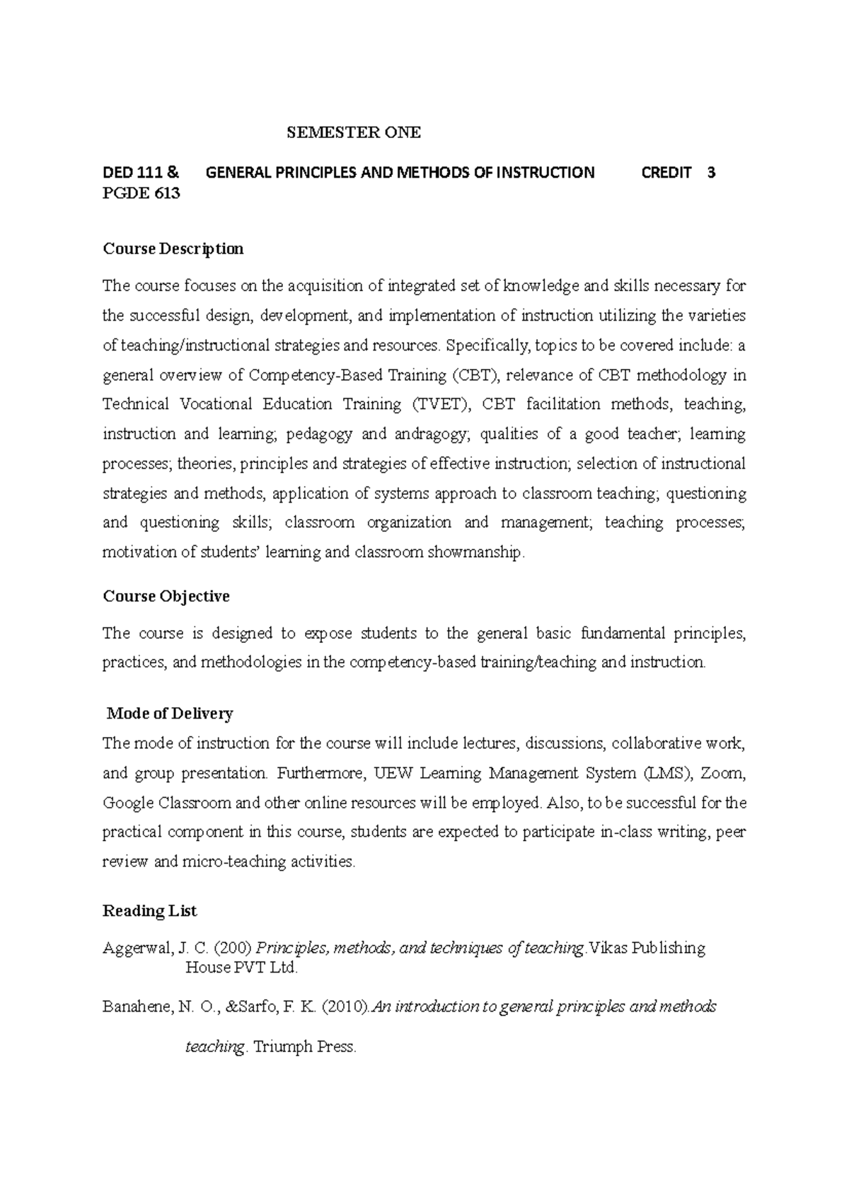 Course Outline FOR Semester 1 Diploma IN Education 2022 2023 SEMESTER