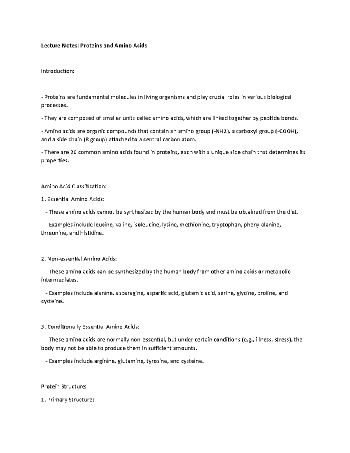 Lecture Notes: Proteins and Amino Acids - Lecture Notes: Proteins and ...