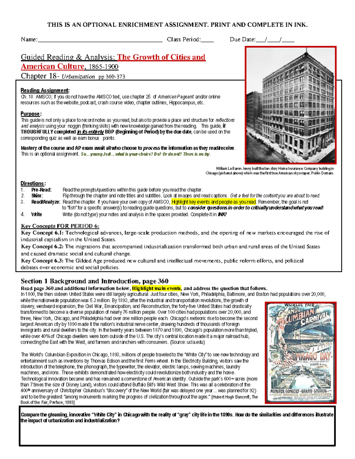 Amsco Guided Reading Chapter 18 - THIS IS AN OPTIONAL ENRICHMENT ...