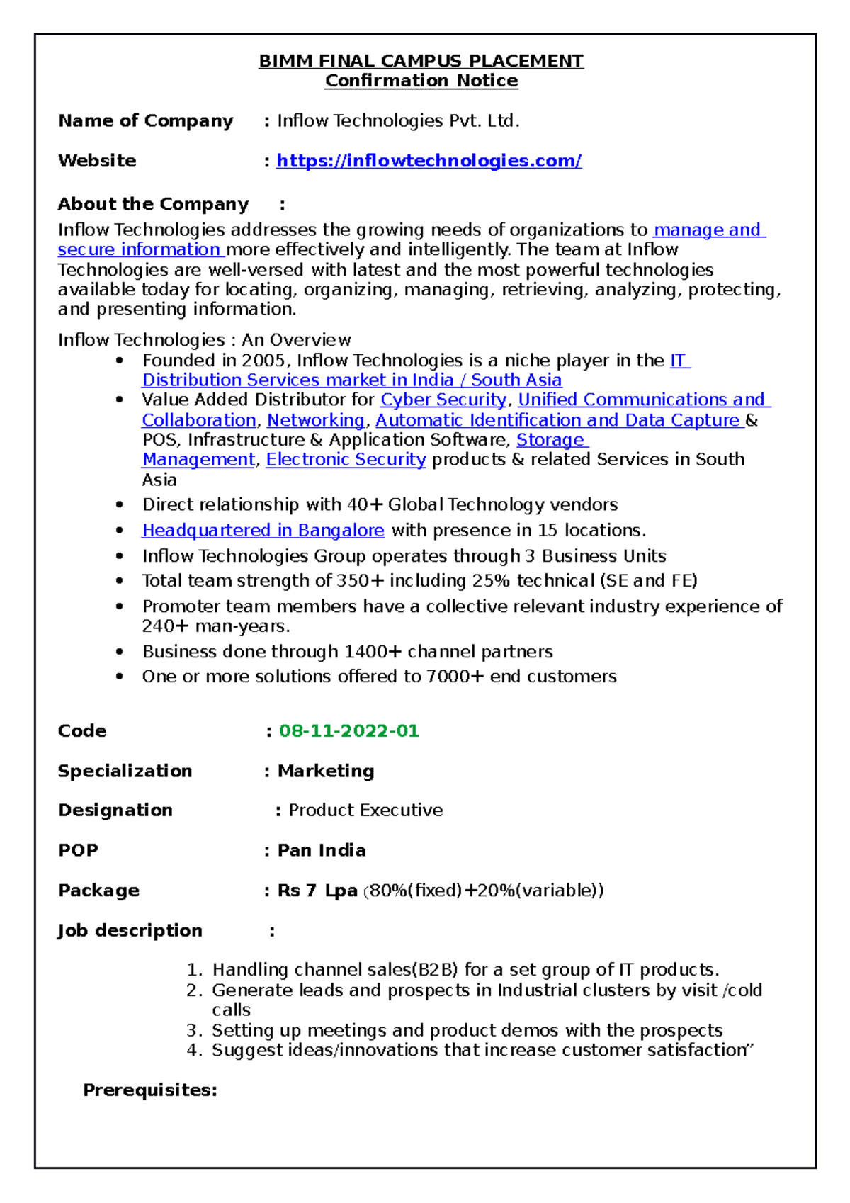 Inflow Confirmation Notice - BIMM FINAL CAMPUS PLACEMENT Confirmation ...
