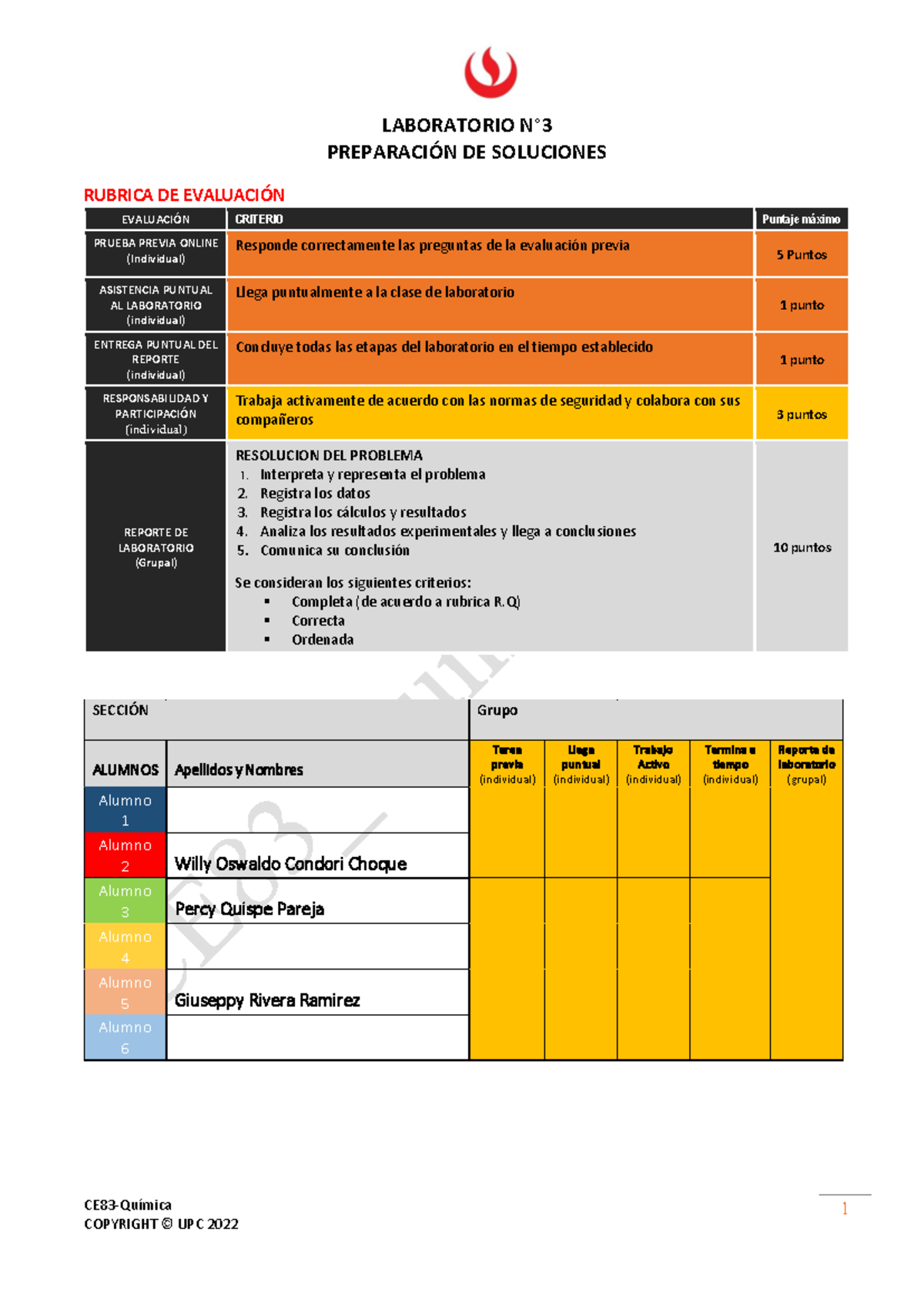 Laboratotio 3 de quimica - CE83-Química 1 LABORATORIO N° PREPARACIÓN DE SOLUCIONES RUBRICA DE ...