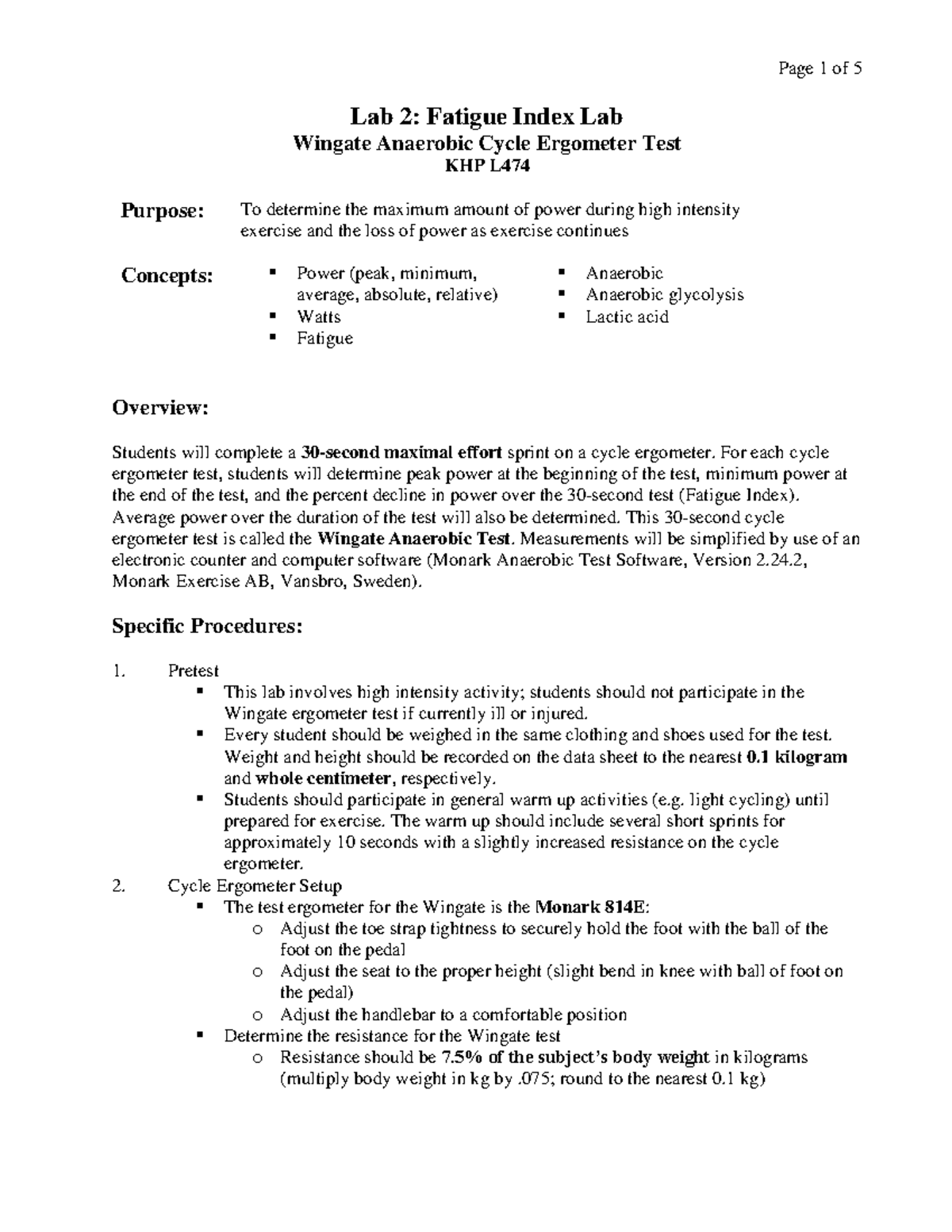 2 Fatigue Index Lab (KHP L474)-1 - Lab 2: Fatigue Index Lab Wingate ...