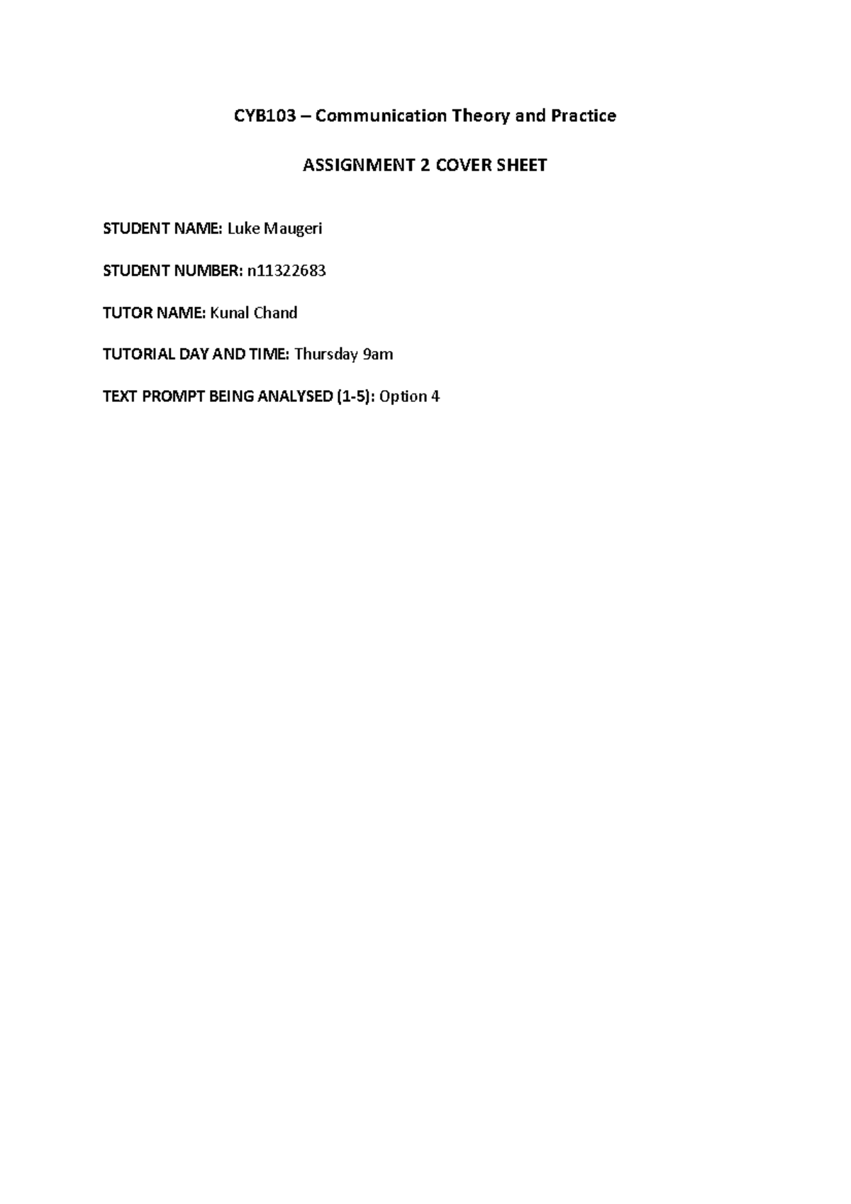 CYB103 Assessment 2 - CYB103 – Communication Theory and Practice ...