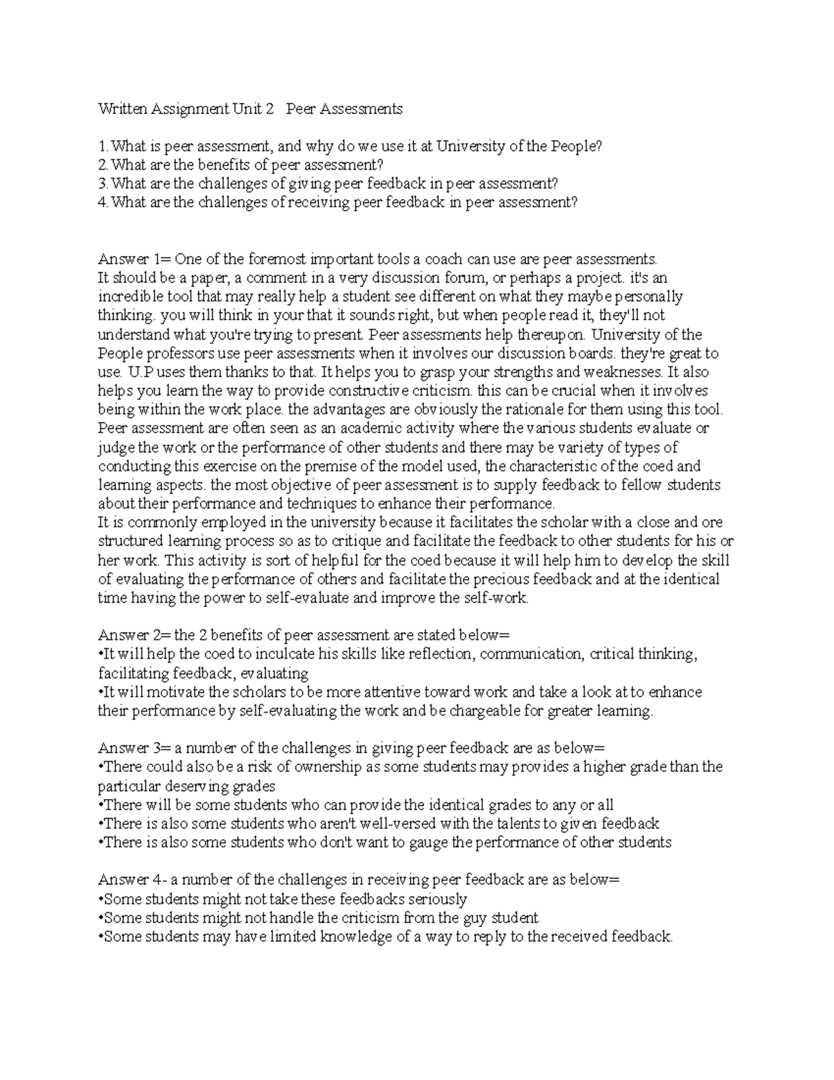 Written Assignment Unit 2 Peer Assessments - Written Assignment Unit 2 Peer Assessments 1 is ...