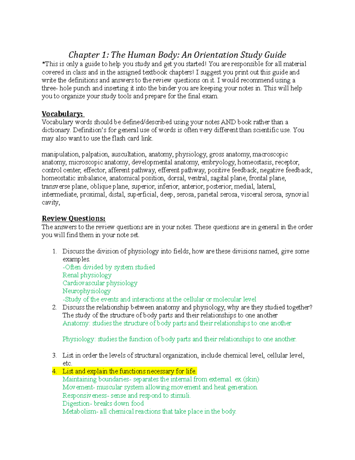 Chapter 1 The Human Body An Orientation Study Guide - I would recommend ...