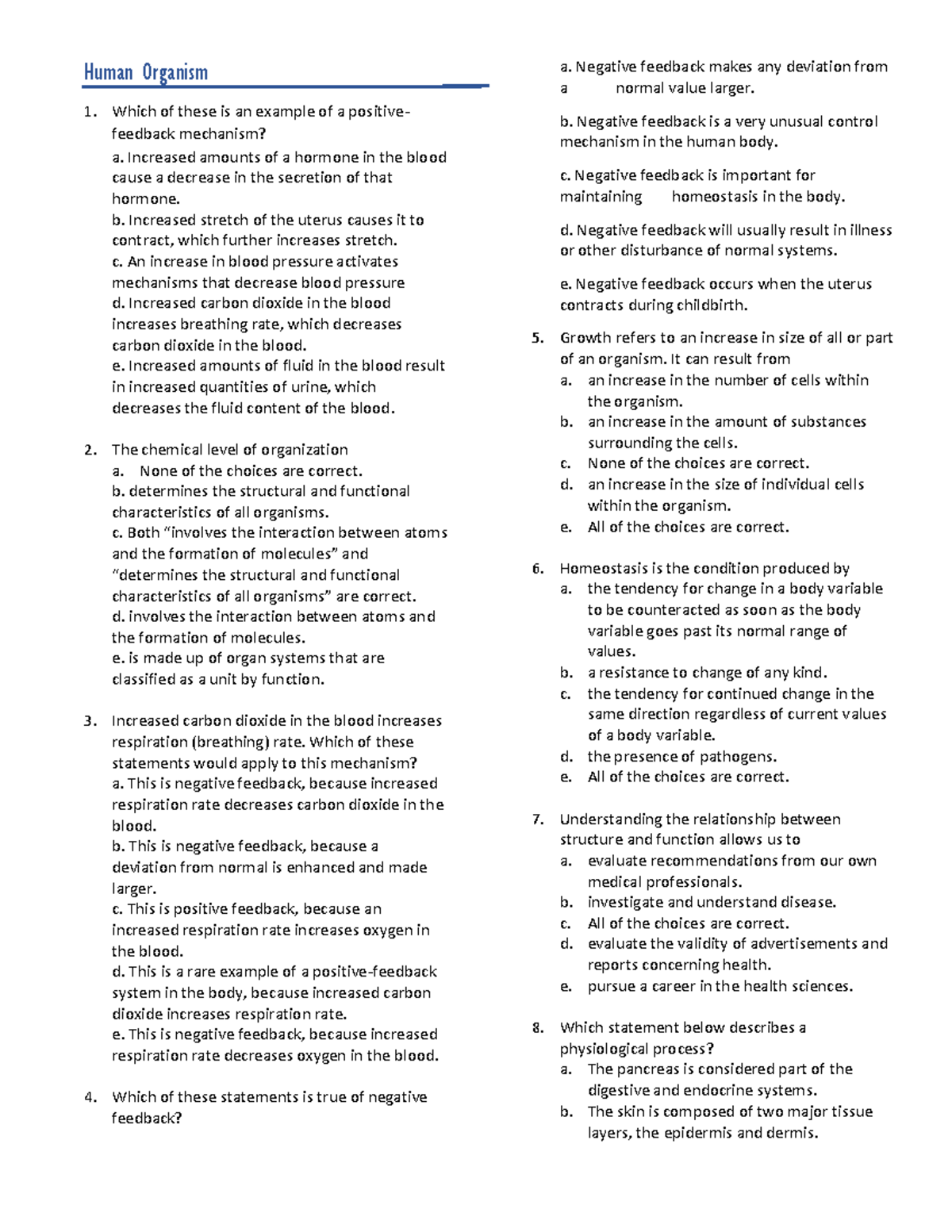 Anatomy and Physiology Practice Test (The Human Organism & Skeletal ...